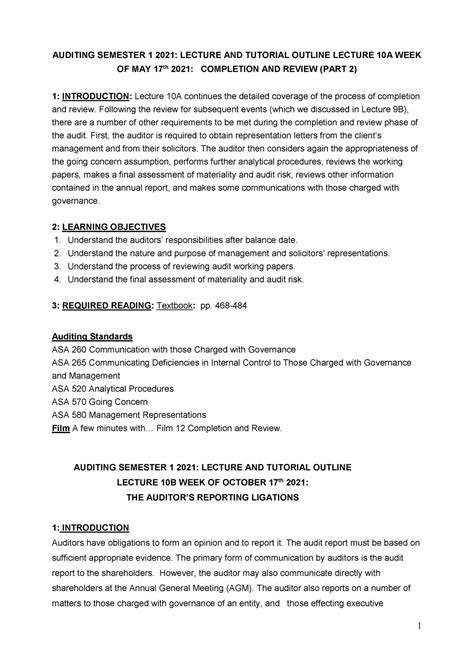 L And T Outline Lecture 10 S1 2021 Auditing Semester 1 2021 Lecture
