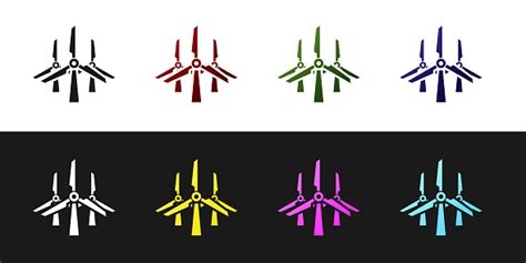 흑백 배경에 고립 된 풍력 터빈 아이콘을 설정 합니다 풍력 발전기 표지판 풍차 실루엣입니다 전력 생산을 위한 풍차 벡터 일러스트 개념에 대한 스톡 벡터 아트 및 기타 이미지