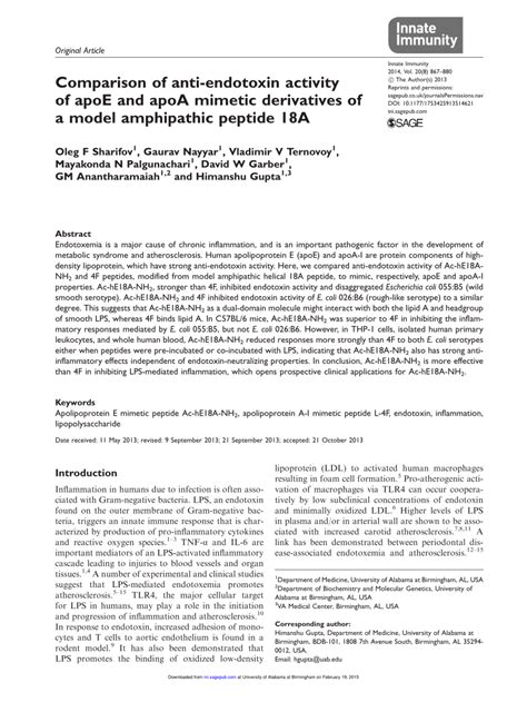 PDF Comparison Of Anti Endotoxin Activity Of ApoE And ApoA Mimetic Derivatives Of A Model