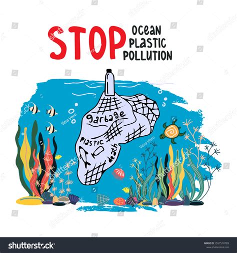 Stop Ocean Plastic Pollution Lettering Motivational เวกเตอร์สต็อก