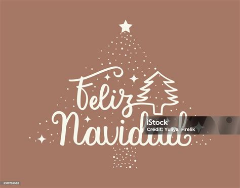 Feliz Navidad와 함께 휴일 배경은 눈송이가 있는 나무 모양으로 영어로 메리 크리스마스를 의미하는 스페인어로 손으로 그린 글자입니다 갈색 색상의 손으로 쓴 서예