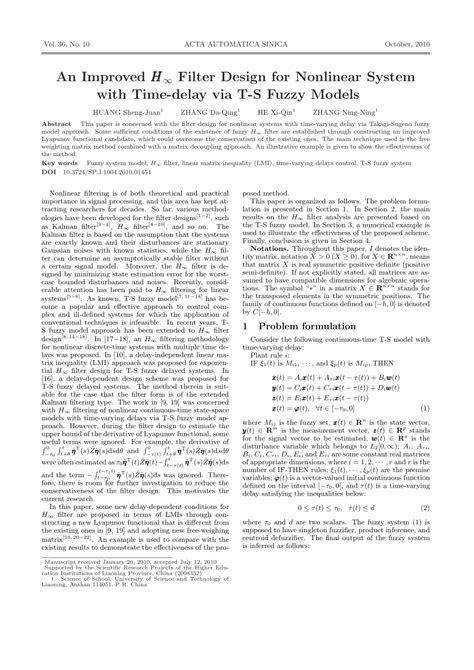 Pdf An Improved H∞ Filter Design For Nonlinear System With Time Delay Via T S Fuzzy Models
