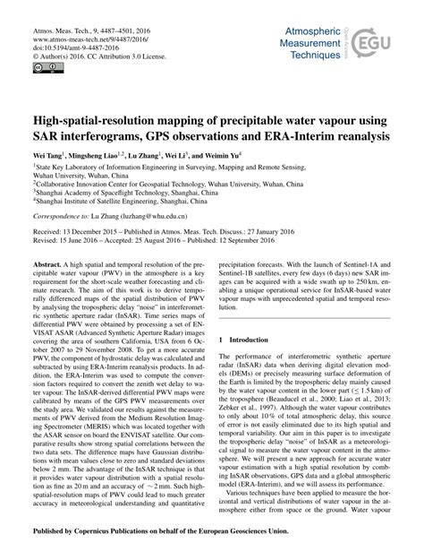Pdf High Spatial Resolution Mapping Of Precipitable Water Vapour Using Sar Interferograms Gps