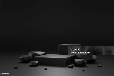 어두운 배경에 돌 플랫폼 개념과 검은 바위 받침대 또는 연단 디스플레이 제품을 전시하기 위한 빈 선반 스탠드 3d 렌더링 3차원
