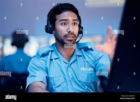 Security Dispatch Computer And Man With Problem Emergency And Monitor Cctv Surveillance Or