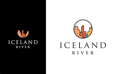 바위 벡터 템플릿에 강이 있는 키 큰 폭포 로고 프리미엄 벡터