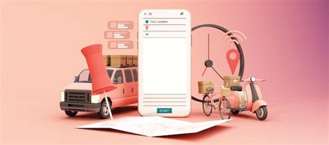 모바일 전자상거래 개념이 있는 스쿠터 자전거와 밴으로 빠른 배송 경로 지도 웹페이지 앱 디자인 분홍색 배경 파노라마 프레임 3d 렌더가 있는 온라인 음식 및 쇼핑 상자 주문