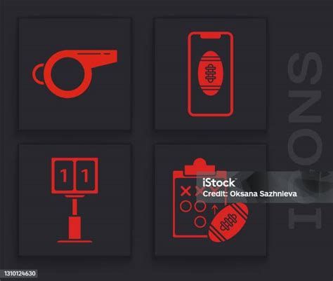 세트 계획 전략 개념 휘파람 화면에 미식 축구 공과 스마트 폰과 스포츠 축구 기계 점수 판 및 결과 표시 아이콘 벡터