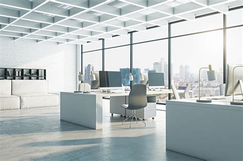 현대 콘크리트 코워킹 오피스 인테리어 가구 장비 및 도시 전망 일광이있는 창문 3d 렌더링 0명에 대한 스톡 사진 및 기타 이미지 Istock