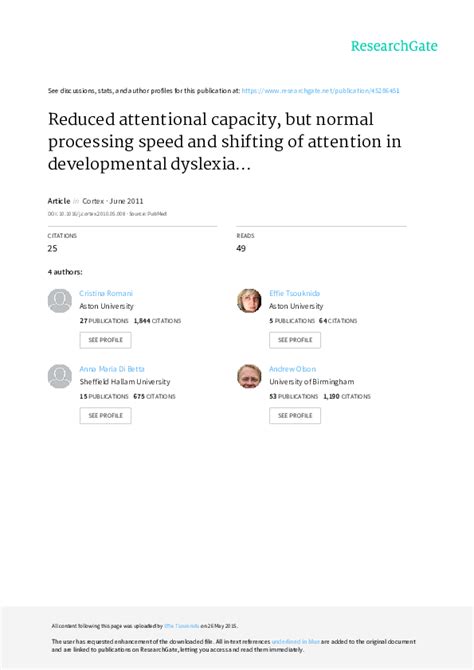 Pdf Reduced Attentional Capacity But Normal Processing Speed And Shifting Of Attention In