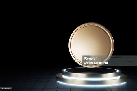 프론트 뷰 블록 체인 기술 빈 토큰 동전의 3d 렌더링 이미지는 금과 검은 받침대와 검은 색 타일 배경 블록 체인의 개념 분산 금융 시스템의 동전에 대한 스톡 사진 및 기타