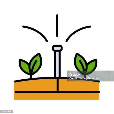 잔디밭 또는 들판 관개 시스템 아이콘입니다 정원 관개 자동 시스템 농업 살수 기술 또는 아쿠아포닉스 벡터 아이콘 농업 급수 장비 개요 픽토그램 관 튜브에 대한 스톡 벡터