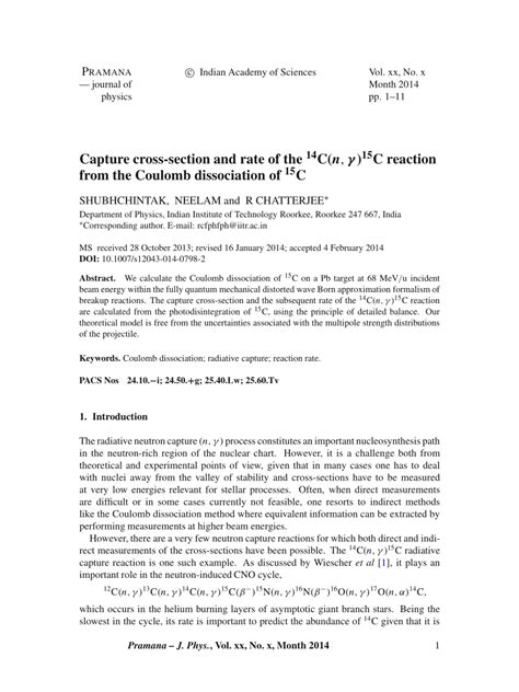Pdf Capture Cross Section And Rate Of The 14 Cn γ 15 C Reaction
