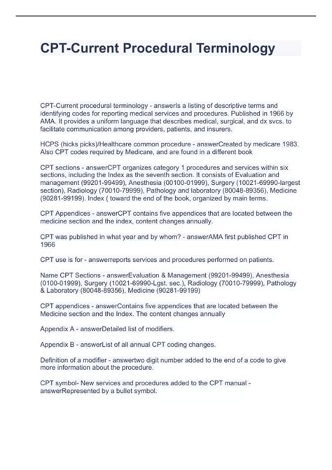 Cpt Current Procedural Terminology Questions And Answers Dpt Stuvia Us