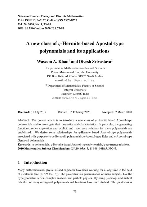Pdf A New Class Of Q Hermite Based Apostol Type Polynomials And Its