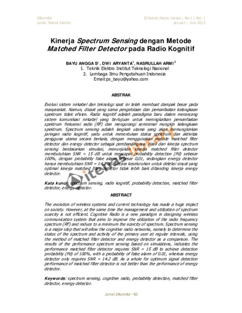 Pdf Kinerja Spectrum Sensing Dengan Metode Matched Filter Detector Pada Radio Kognitif