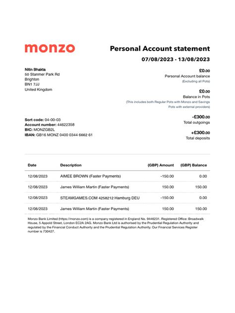 Monzo Bank Statement 2023 08 07 2023 08 13 Nitin Bhakta Pdf