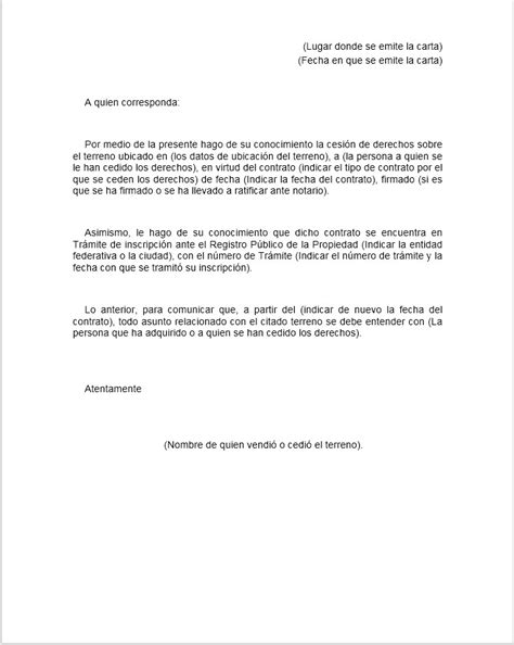Carta De Cesión De Derechos De Un Terreno Ejemplos Y Formatos Word Pdf