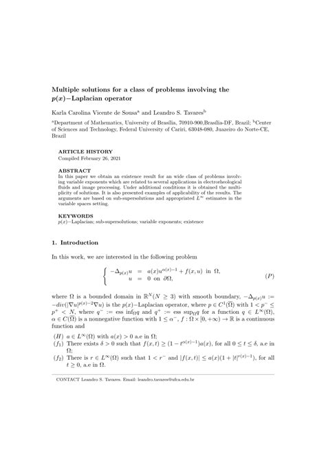 Pdf Multiple Solutions For A Class Of Problems Involving The Px Laplacian Operator