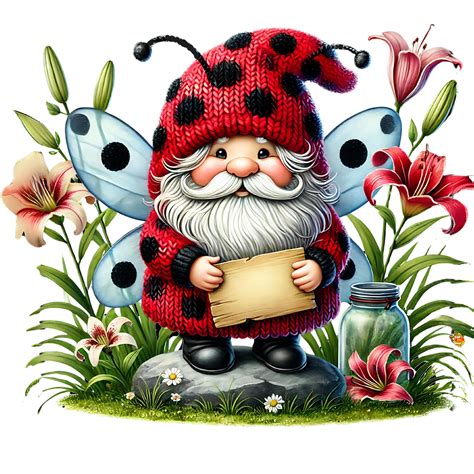 Ladybug Gnome Clipart Watercolor Spring Pngs Digital Download Etsy