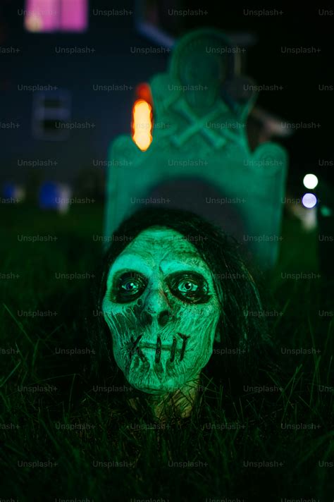 A Creepy Skeleton Head Laying In The Grass Photo Night Image On Unsplash