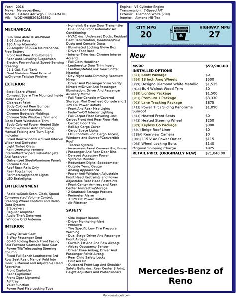 Window Sticker For 2016 Mercedes Benz E Class 4dr Wgn E 350 4 Matic