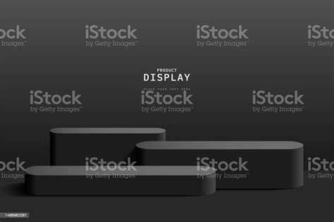 둥근 연단 세트 또는 제품 전시를 위한 스탠드가 있는 깨끗한 검은색 3d 룸 제품 전시 모형을 위한 연단 장면 쇼케이스를 위한 무대 3d 벡터 렌더링 제품을 광고하거나