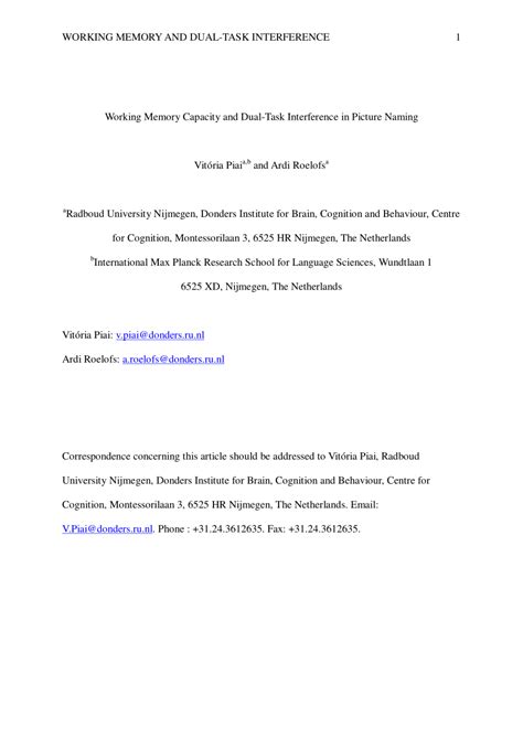 Pdf Working Memory Capacity And Dual Task Interference In Picture Naming