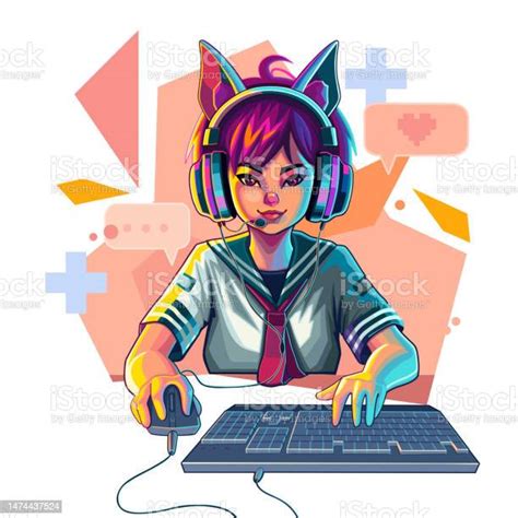 고양이 귀 헤드셋을 가진 아시아 소녀 게이머 또는 스트리머가 컴퓨터 앞에 앉아 있다 International Match에 대한 스톡 벡터 아트 및 기타 이미지