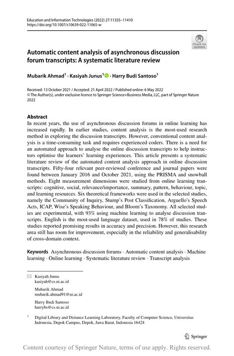 Automatic Content Analysis Of Asynchronous Discussion Forum Transcripts A Systematic Literature