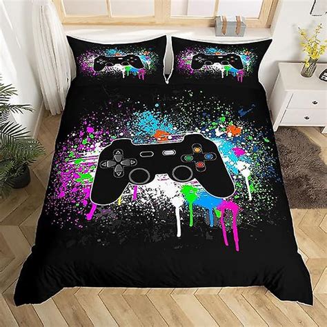 Modern Gamer Duvet Cover Set Twin Size Black Gamepad Controller Comforter Cover Video Games