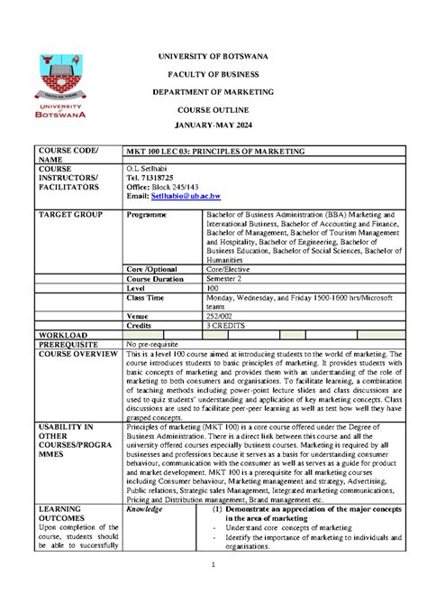 MKT 100 Course Outline LEC 03 2024 Setlhabi UNIVERSITY OF BOTSWANA FACULTY OF BUSINESS