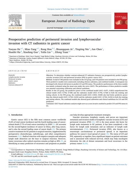 Pdf Preoperative Prediction Of Perineural Invasion And Lymphovascular Invasion With Ct