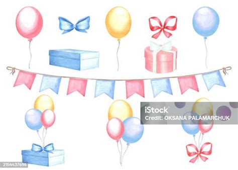 선물 상자 활 및 깃발 화환이 있는 헬륨 풍선 생일 축하합니다 클립아트 모음 손으로 그린 수채화 일러스트 축제 세트입니다 카드 인쇄를 위한 휴일 훈장의 고립된 템플렛 0명에