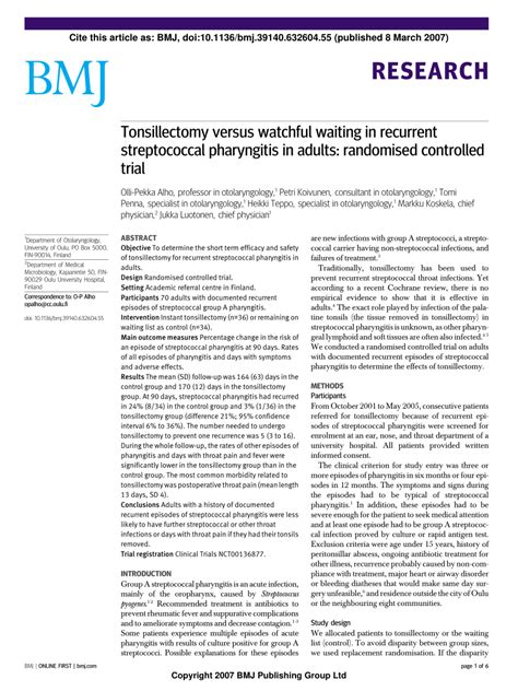 Pdf Tonsillectomy Versus Watchful Waiting In Recurrent Streptococcal Pharyngitis In Adults