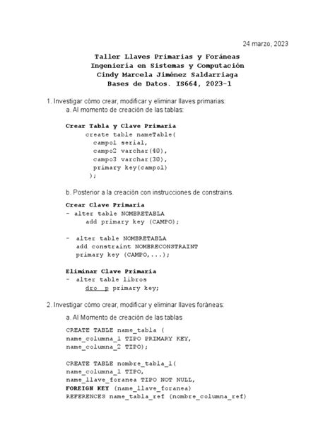 Taller Pk Fk Pdf Datos Tecnologías De La Información