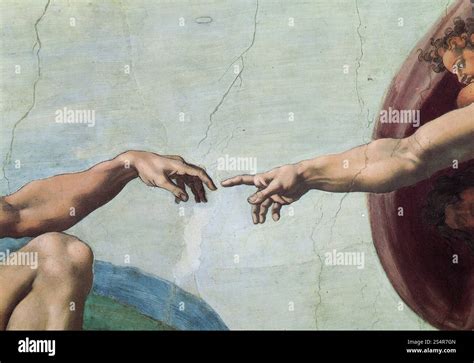 The Creation Of Man Detail After Cleaning Fresco By Italian Artist
