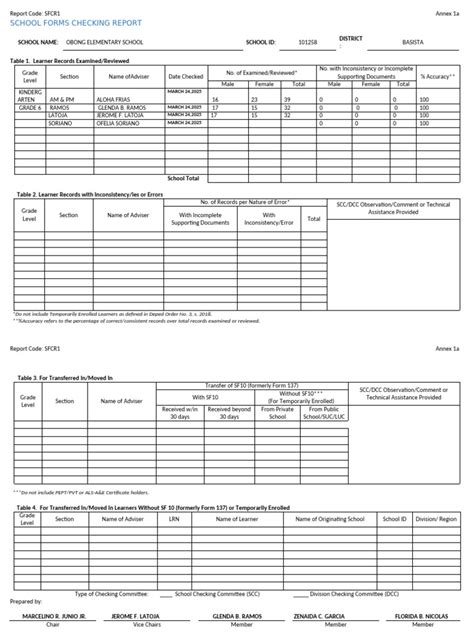 School Forms Checking Report Pdf