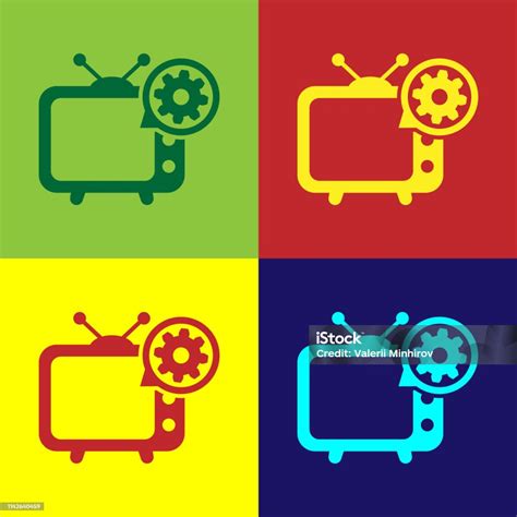 컬러 Tv와 컬러 배경에 고립 된 기어 아이콘 텔레비전 서비스 개념입니다 조정 응용 프로그램 설정 옵션 유지 보수 수리 고정