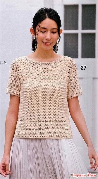 Кофточка с круглой кокеткой Крючок Связанные крючком топы Вязаная крючком туника Вязание