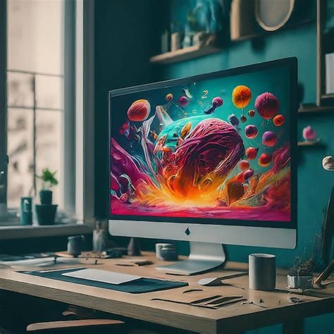 A Digital Artists Workstation Featuring A Futuristic Computer Monitor Displaying A 3d