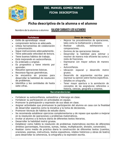 Ficha Descriptiva De Alumno Quinto Grado Pdf Ciencia Cognitiva