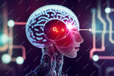 빅 데이터 및 인공 지능 개념 기계 학습 및 사이버 마인드 지배 개념 로봇 사이보그 3d 그림 프리미엄 사진