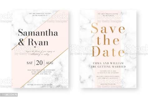 골든 프레임과 대리석 질감 웨딩 카드 디자인입니다 기하학적 패턴과 분홍색 배경 결혼식 발표 또는 초대장 디자인 서식 파일 개체 그룹에 대한 스톡 벡터 아트 및 기타 이미지