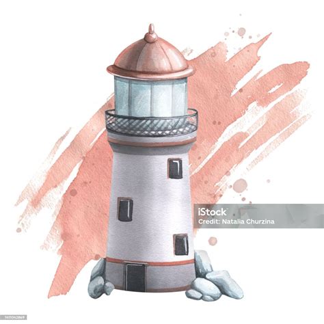 수채화 반점과 튀는 배경에 자갈이있는 해양 등대 수채화 그림 고래의 큰 세트의 구성 엽서 포스터의 디자인과 장식을 위해 등대에