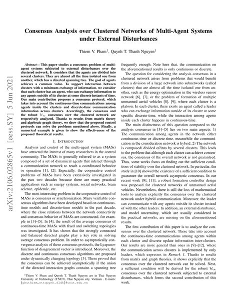 PDF Consensus Analysis Over Clustered Networks Of Multi Agent Systems Under External Disturbances