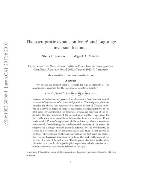 Pdf The Asymptotic Expansion For The Factorial And Lagrange Inversion