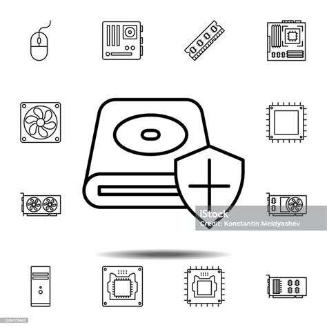 하드웨어 하드 디스크 보안 아이콘 Ui 및 Ux 웹 사이트 또는 모바일 응용 프로그램에 대해 설정된 하드웨어 아이콘의 간단한 가는 선 개요 벡터 요소 0명에 대한 스톡 벡터