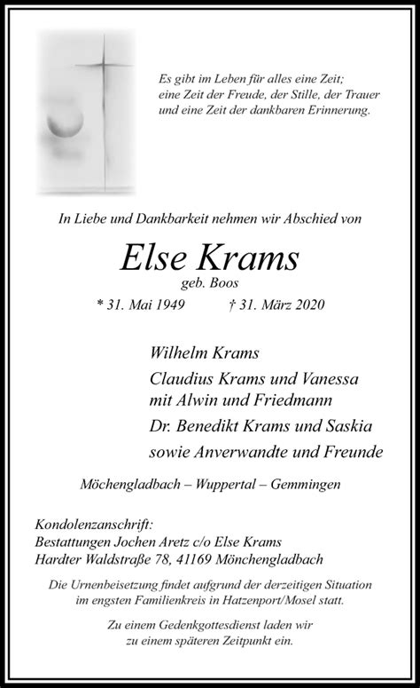 Traueranzeigen Von Else Krams Rz Trauer De