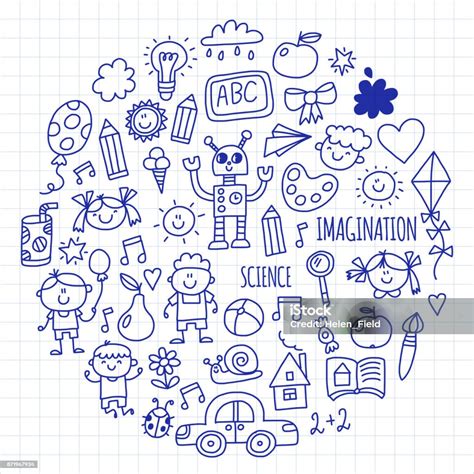 학교 유치원입니다 행복 한 아이 들 창의력 상상력 낙서 아이콘 아이 들과 함께입니다 재생 하 고 연구 하 고 행복 한 학생 과학